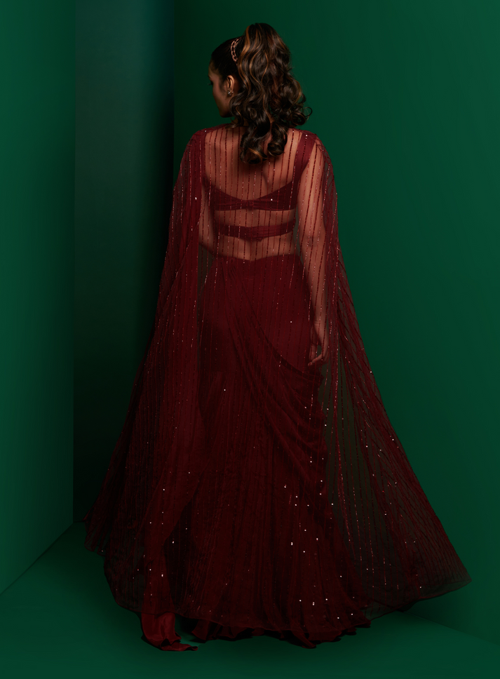 Dark Maroon Cross Body Blouse With Drape Saree & Embellished Cape – K&A ...