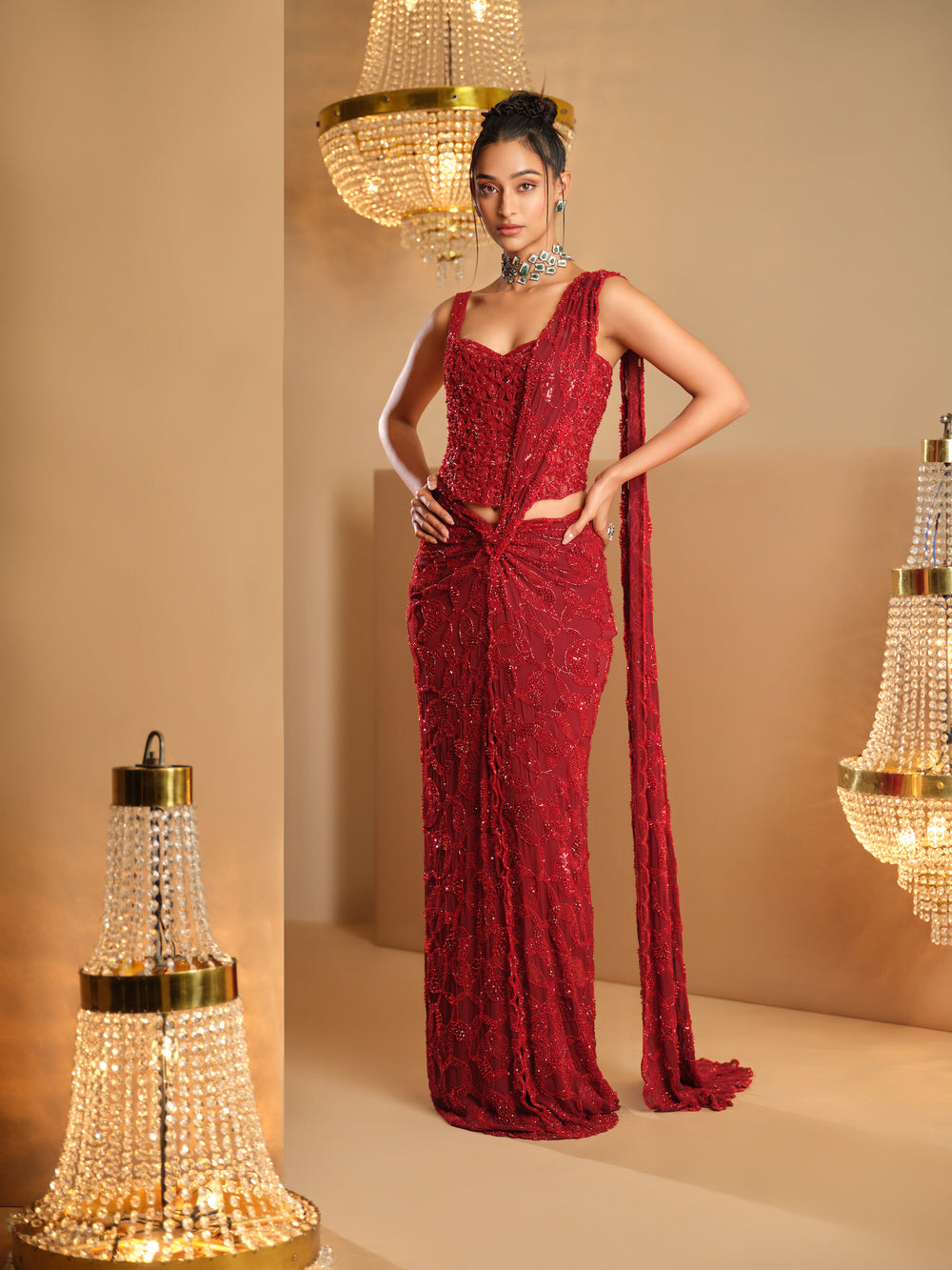 Dark Maroon Cross Body Blouse With Drape Saree & Embellished Cape – K&A ...